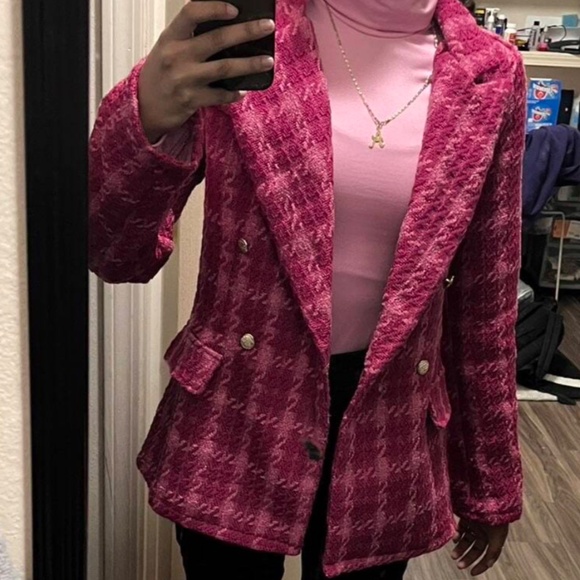 Jackets & Coats | Classic Hot Pink Button Plaid Tweed Blazer Jacket ...